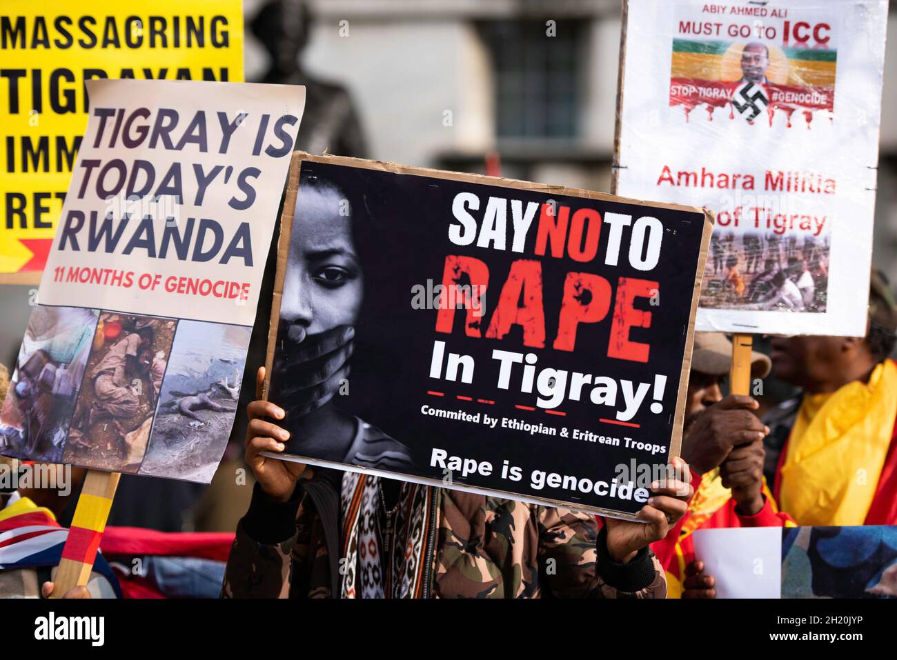 Protesters hold signs during the Tigray Genocide Protest near 10 ...