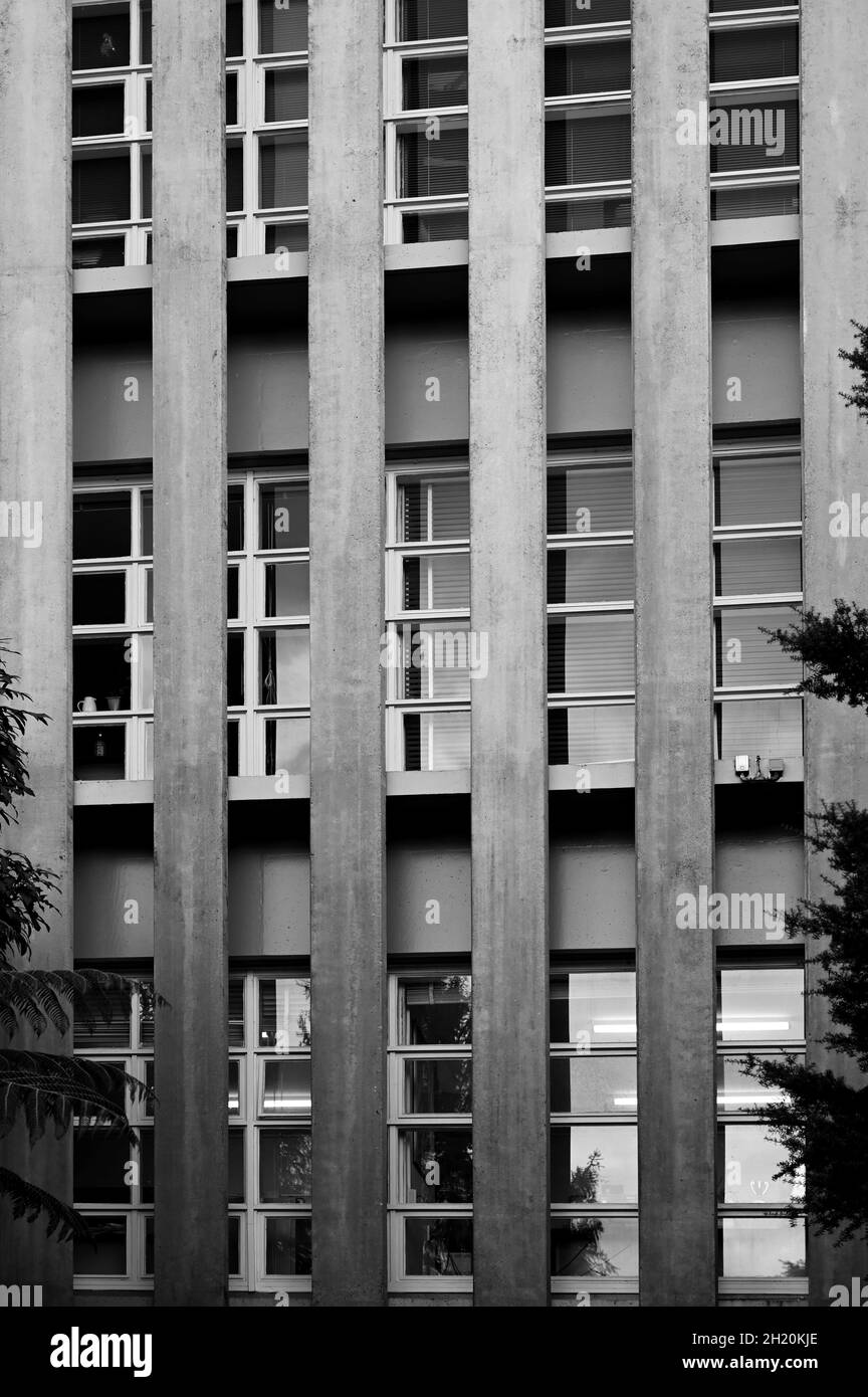 Grayscale of a high rise modern building exterior Stock Photo - Alamy