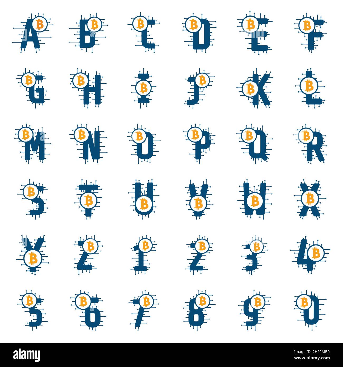 Set of Bitcoin digital network letters and numbers. Technology alphabet ...