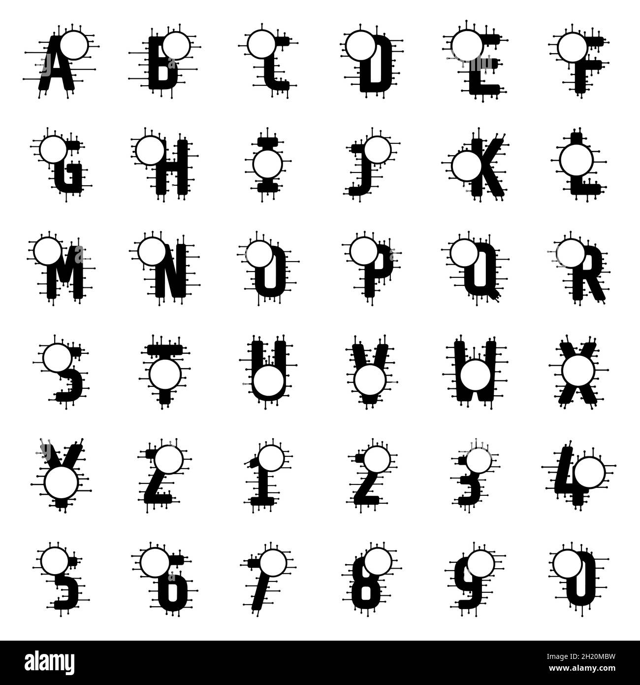 Set of digital network letters and numbers. Technology alphabet vector ...