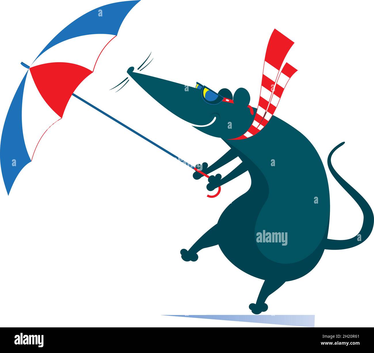 Windy day and rat or mouse with umbrella illustration. Cartoon rat or ...
