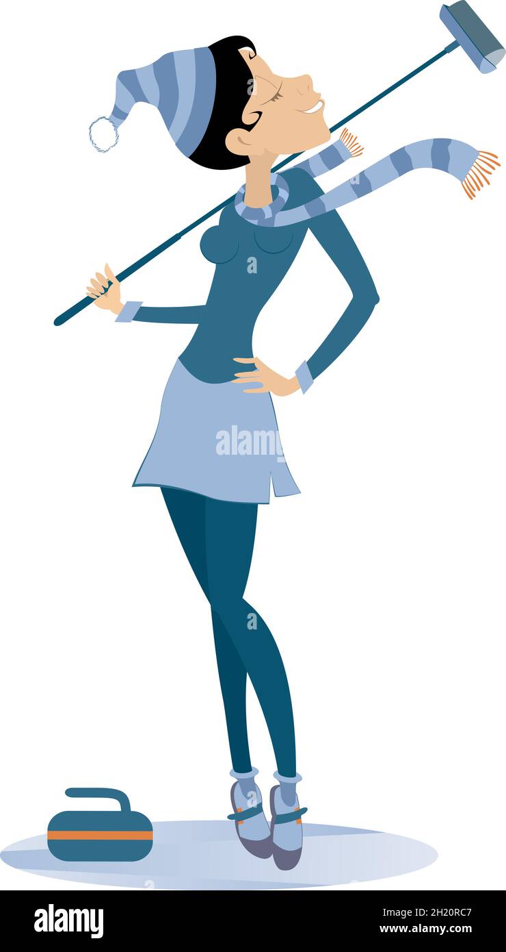 Smiling young woman plays curling isolated illustration. Young woman ...