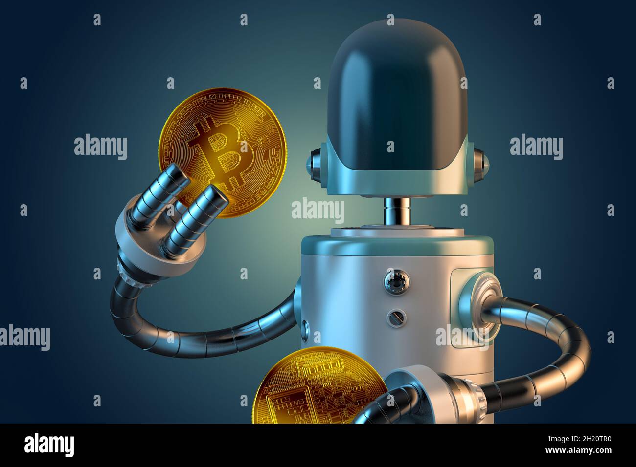 Robot hold bitcoin coins. 3D illustration. Isolated Stock Photo - Alamy