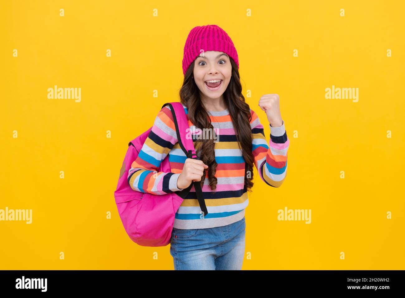 happy hipster teen girl with backpack going to school, back to success ...