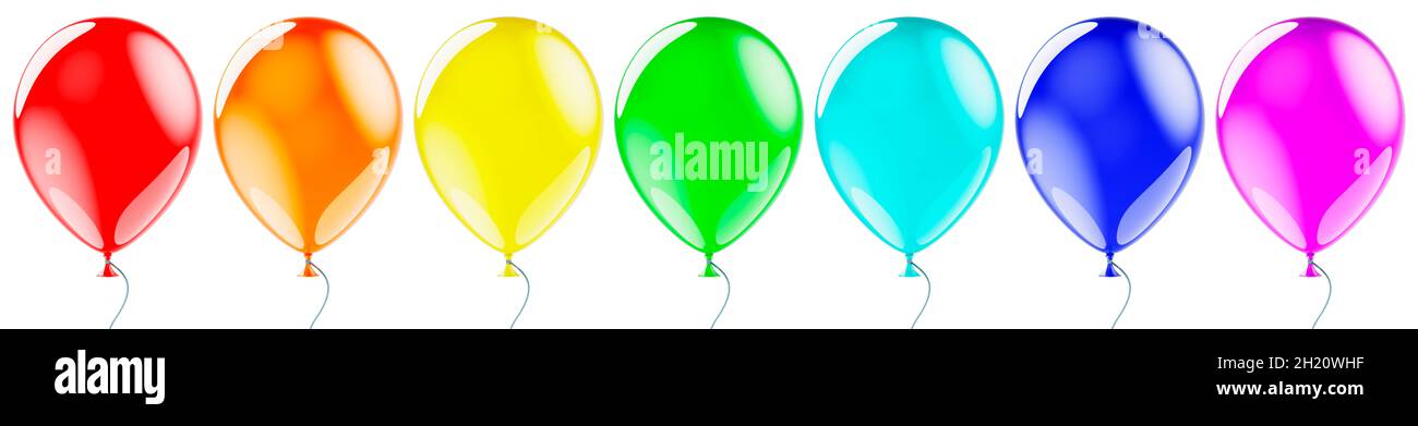 Row from colorful party balloons, 3D rendering isolated on white ...