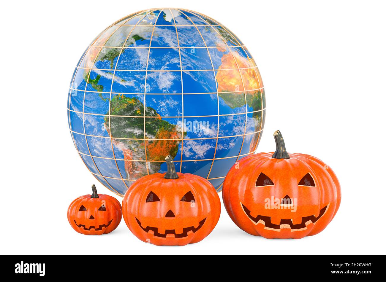 Halloween pumpkins with Earth Globe. 3D rendering isolated on white ...