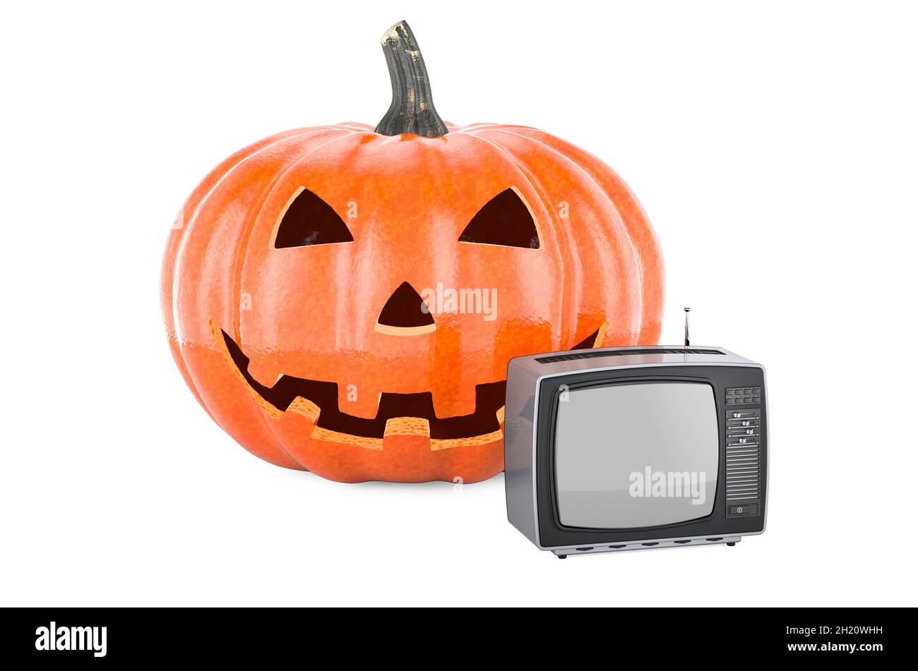 Halloween pumpkin with TV set, 3D rendering isolated on white ...