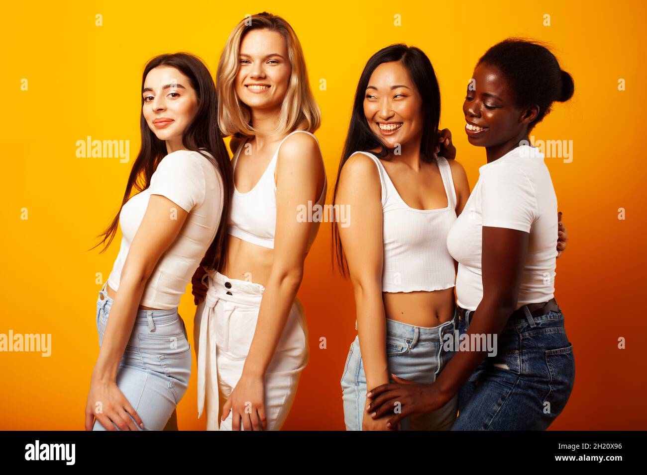 diverse multi nation girls group, teenage friends company cheerful having fun, happy smiling ...