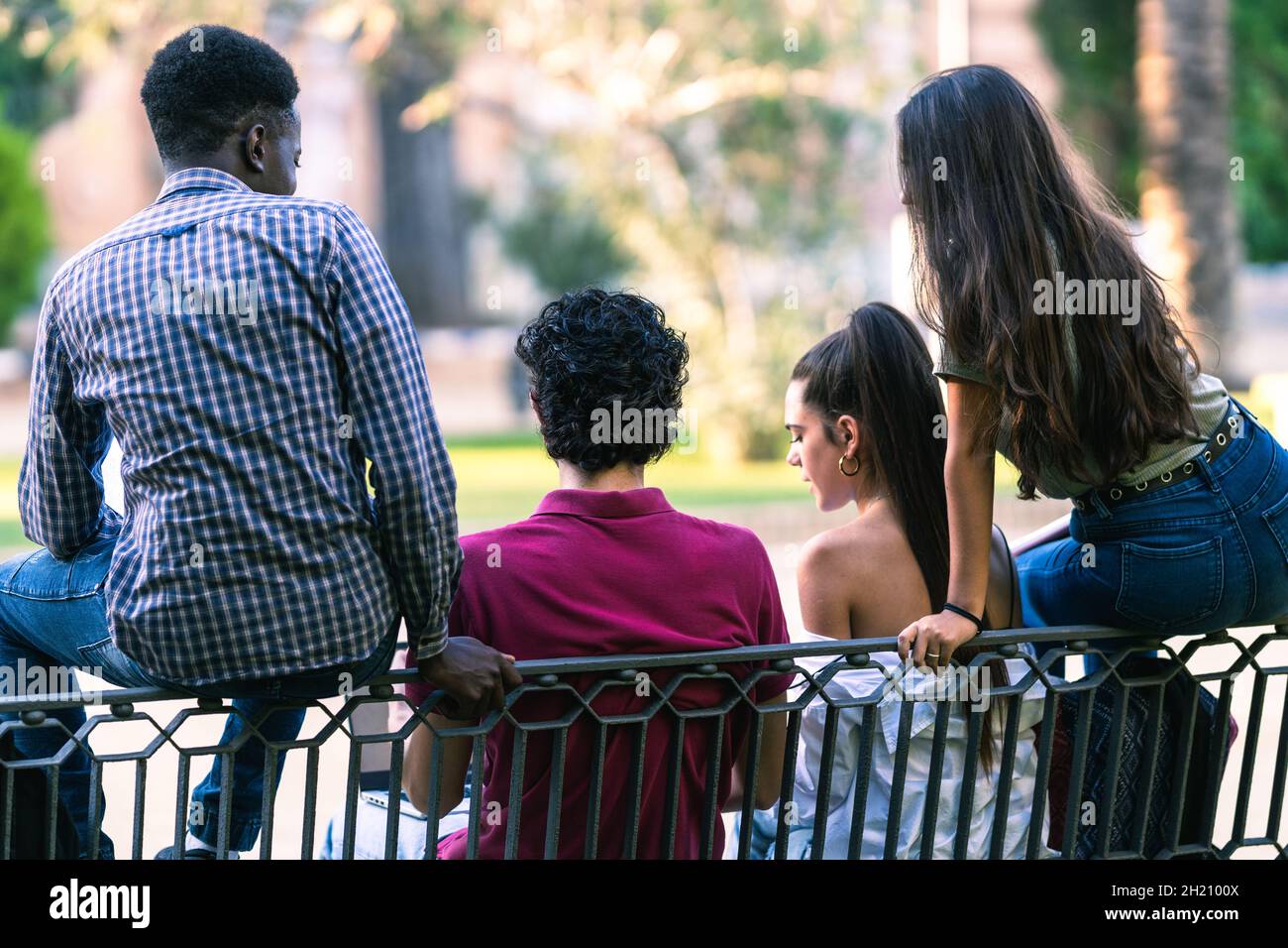 Back of group of multiethnic friends sitting on a bench of a park while ...
