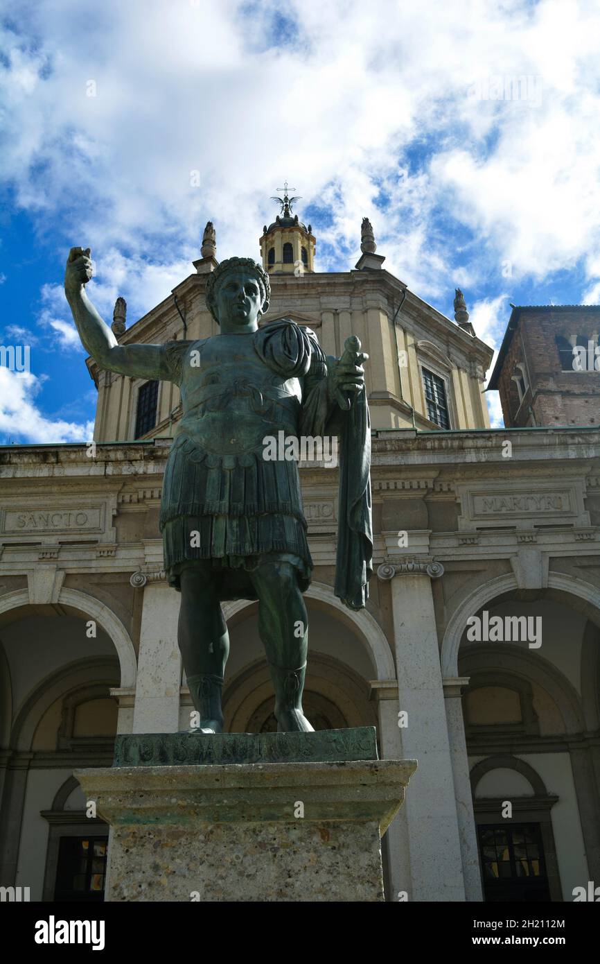 Bronze statue of Constantine the Great standing in front of Basilica of ...
