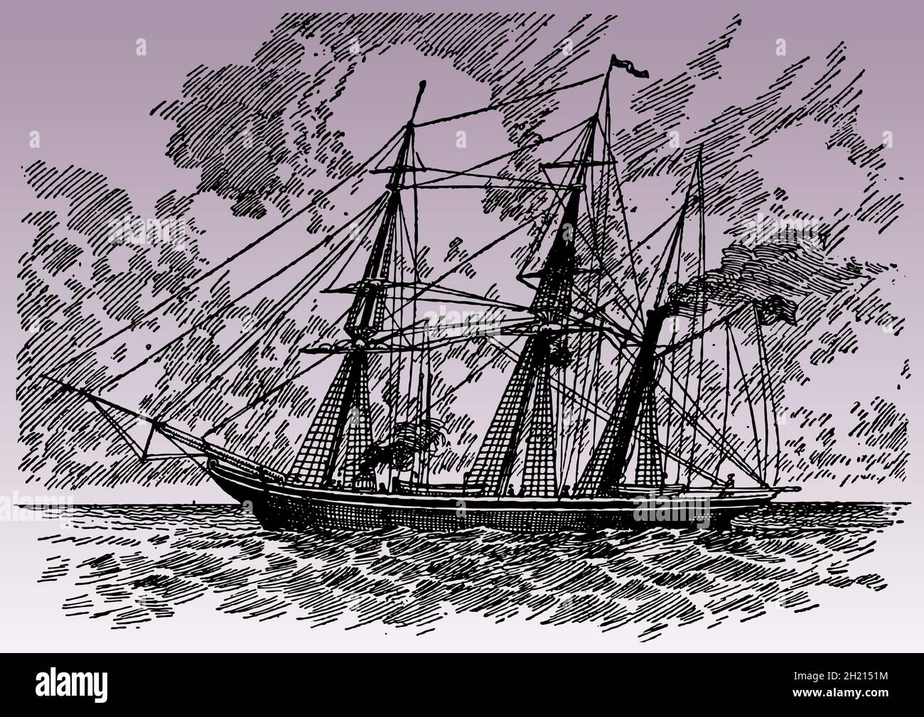 Screw steamer on sea under cloudy sky, after antique drawing from early ...