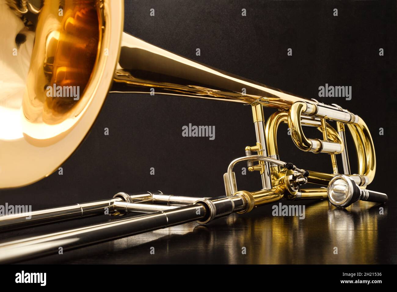 Trombone with transposer mounted on a white table. Front view ...