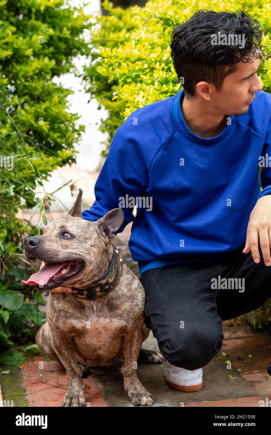 Young adult with pet on opposite sides on nature background Stock Photo ...