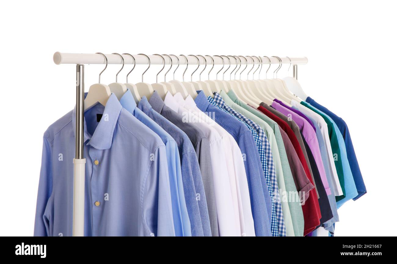 Men clothes hanging on wardrobe rack against white background Stock ...