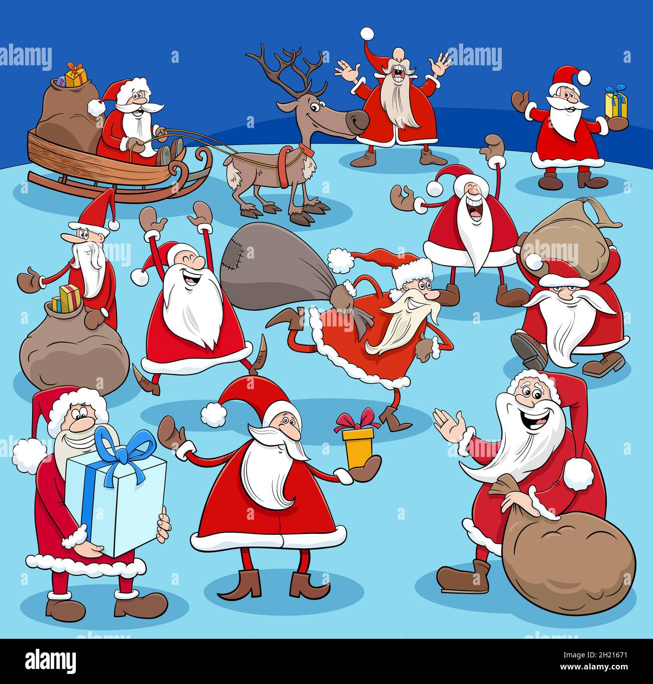 Cartoon illustration of Santa Claus comic characters big group on ...