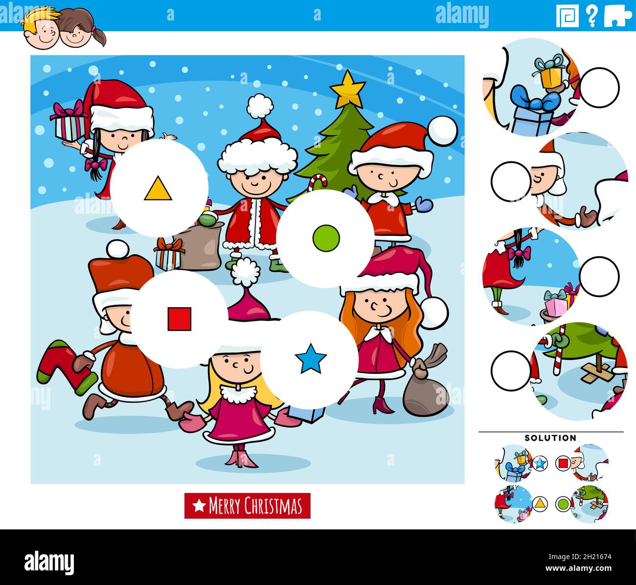 Cartoon illustration of educational match the pieces jigsaw puzzle task ...