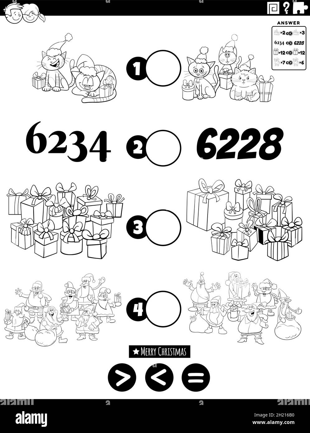 Black and white cartoon illustration of educational mathematical puzzle ...