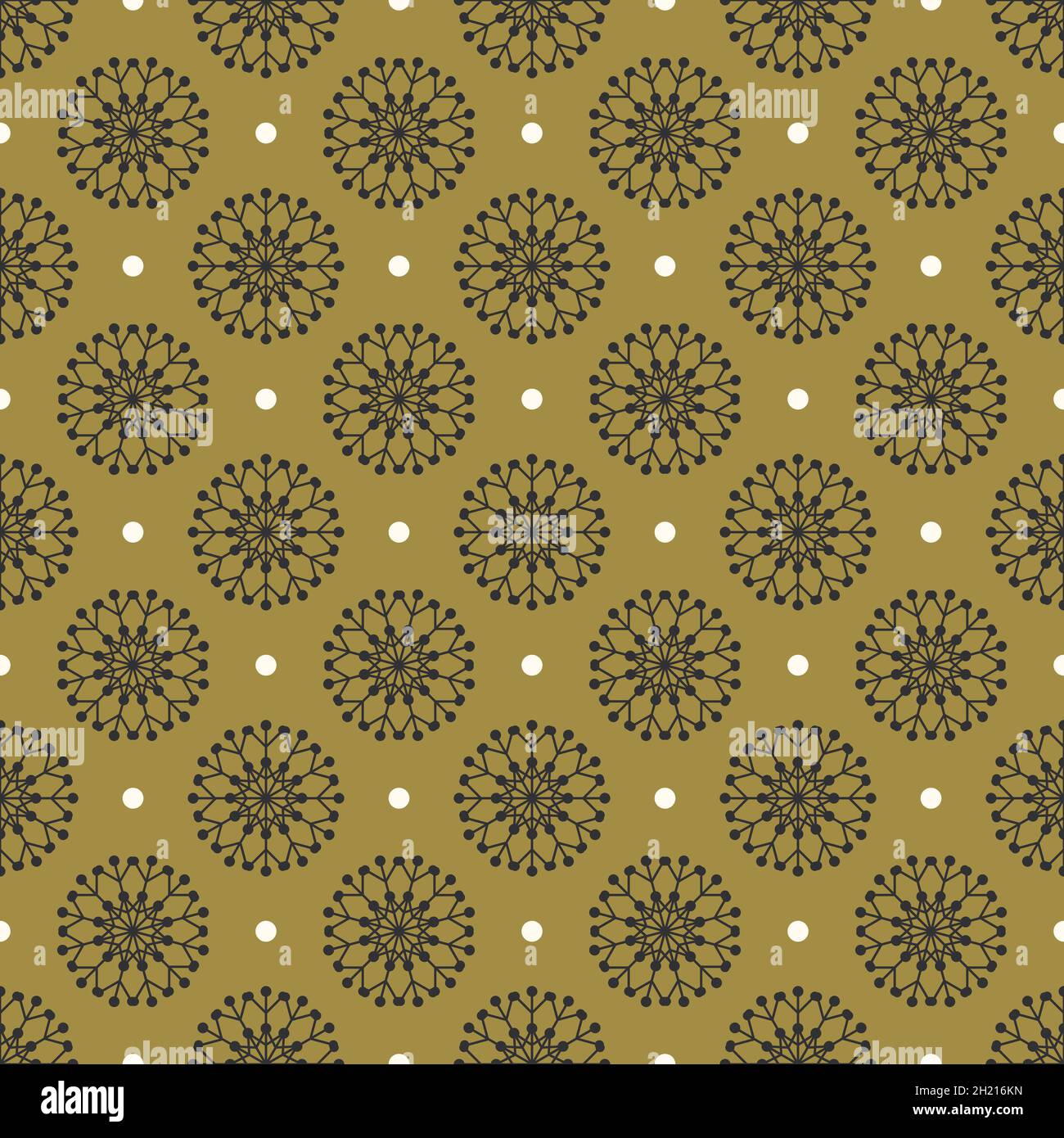 Seamless pattern with black snowflakes, white dots on gold background ...