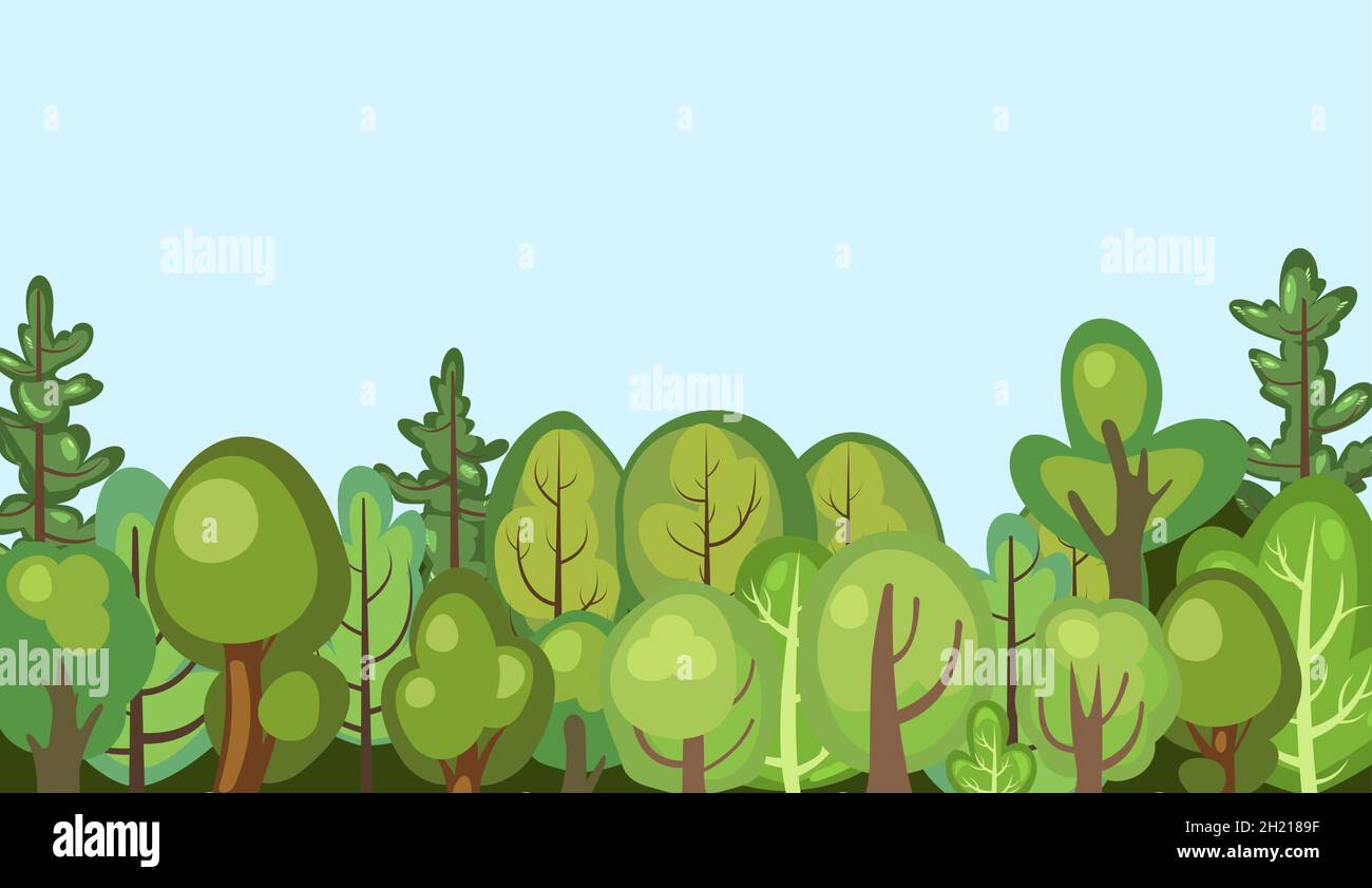 Flat forest. Illustration in a simple symbolic style. Funny green rural ...