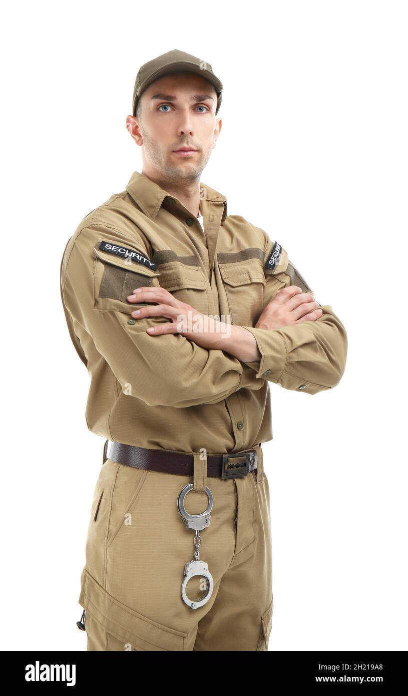 Male security guard in uniform on white background Stock Photo - Alamy
