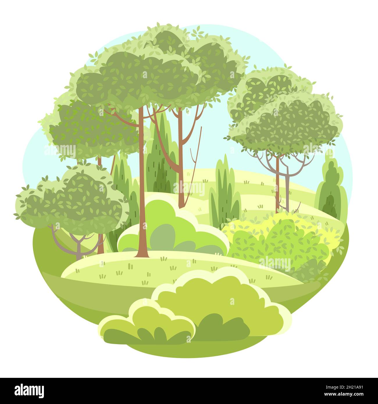 Amusing beautiful forest landscape. Cartoon style. Grass hills. Rural ...