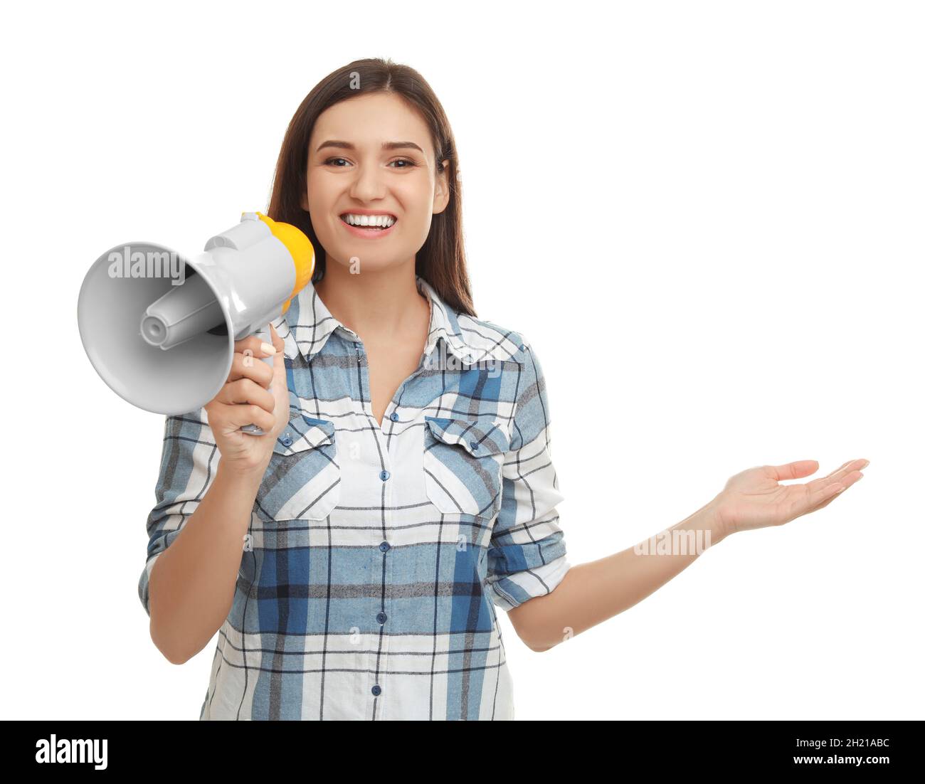 Young woman with megaphone on white background Stock Photo - Alamy