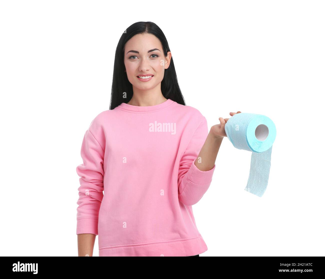 Beautiful woman holding toilet paper roll on white background Stock ...