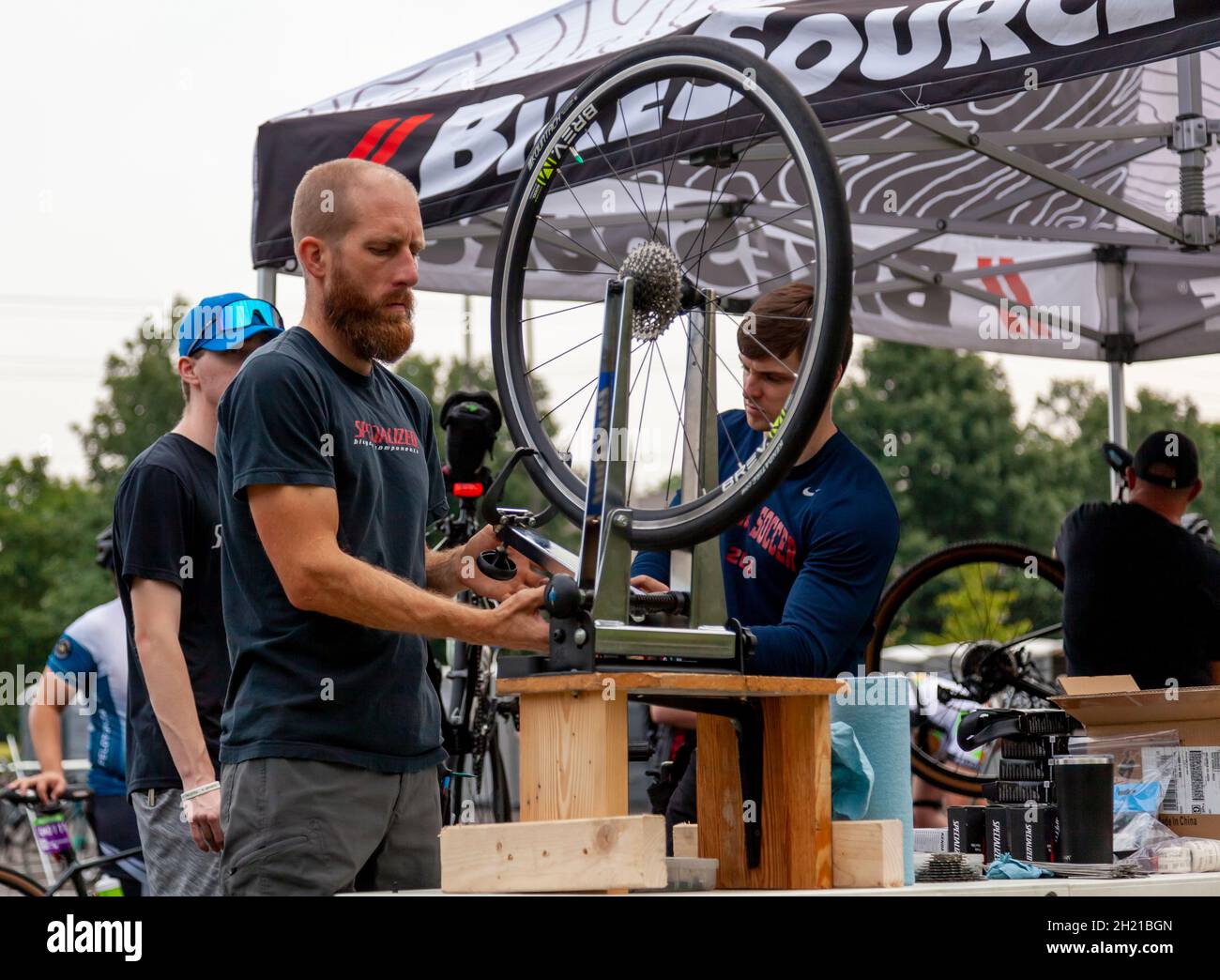 Columbus, OH USA 08-07-2021: A ginger beard caucasian man is fixing a ...