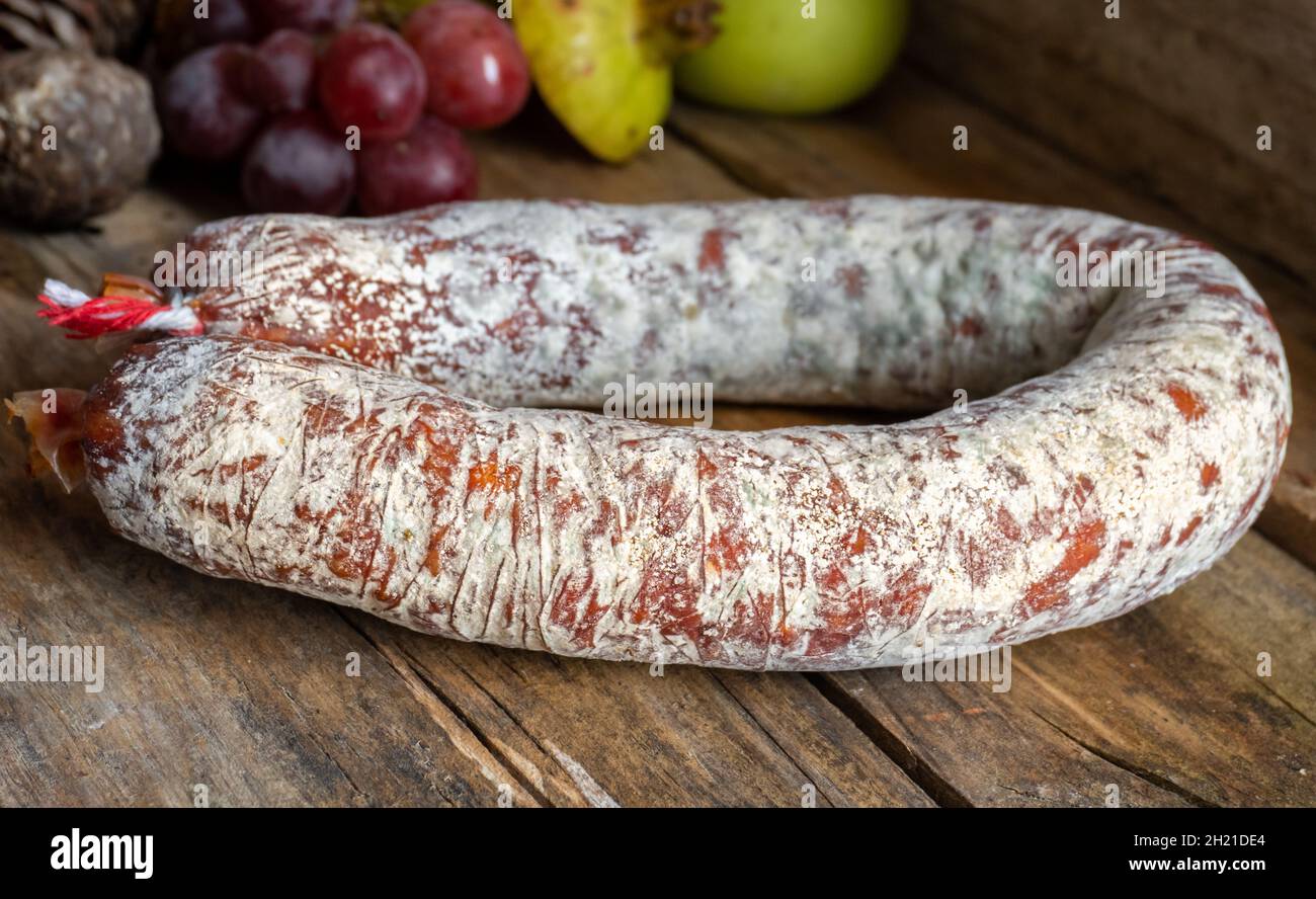 Close-up shot of a sausage on a table Stock Photo - Alamy