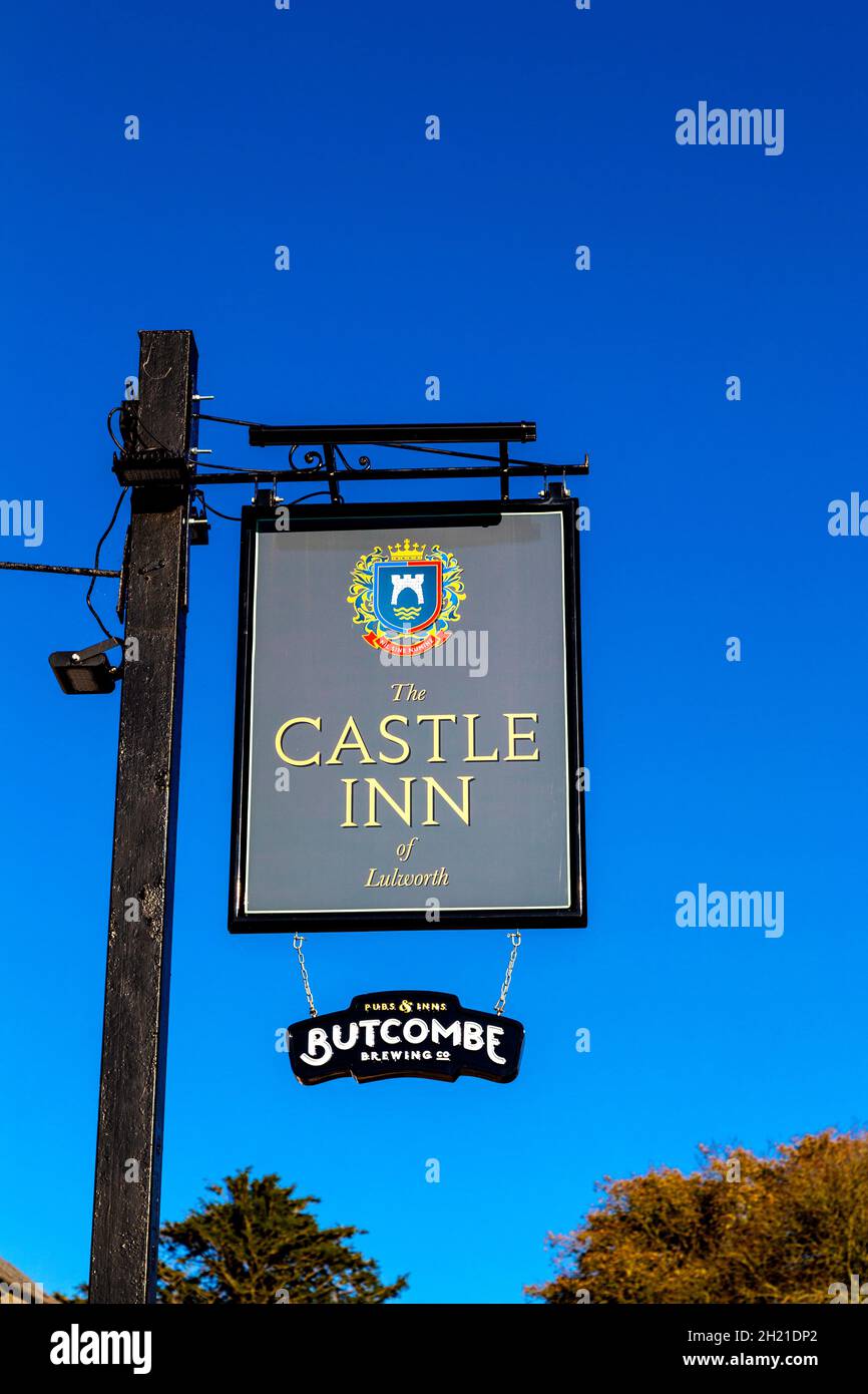 Sign for The Castle Inn pub in Butcombe, West Lulworth, Dorset, UK ...