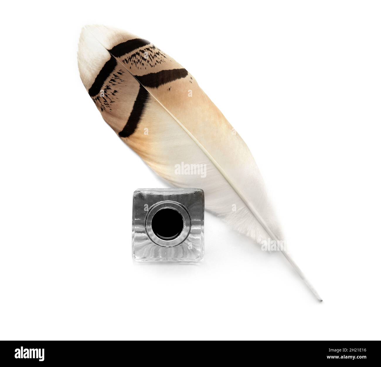 Feather pen and inkwell on white background, top view Stock Photo - Alamy