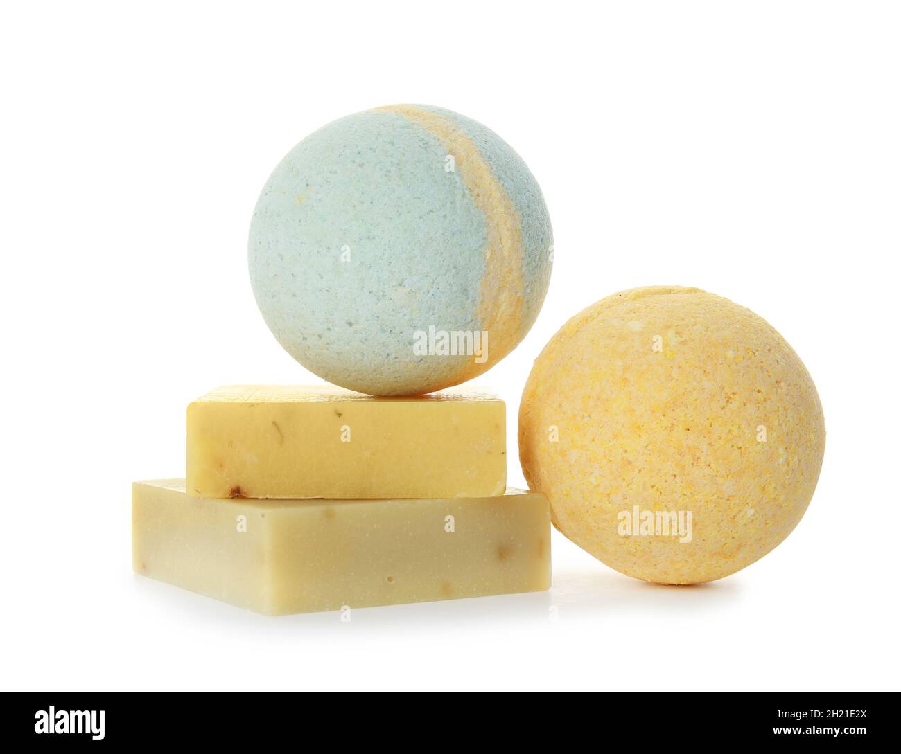 Bath bombs and soap bars on white background Stock Photo - Alamy