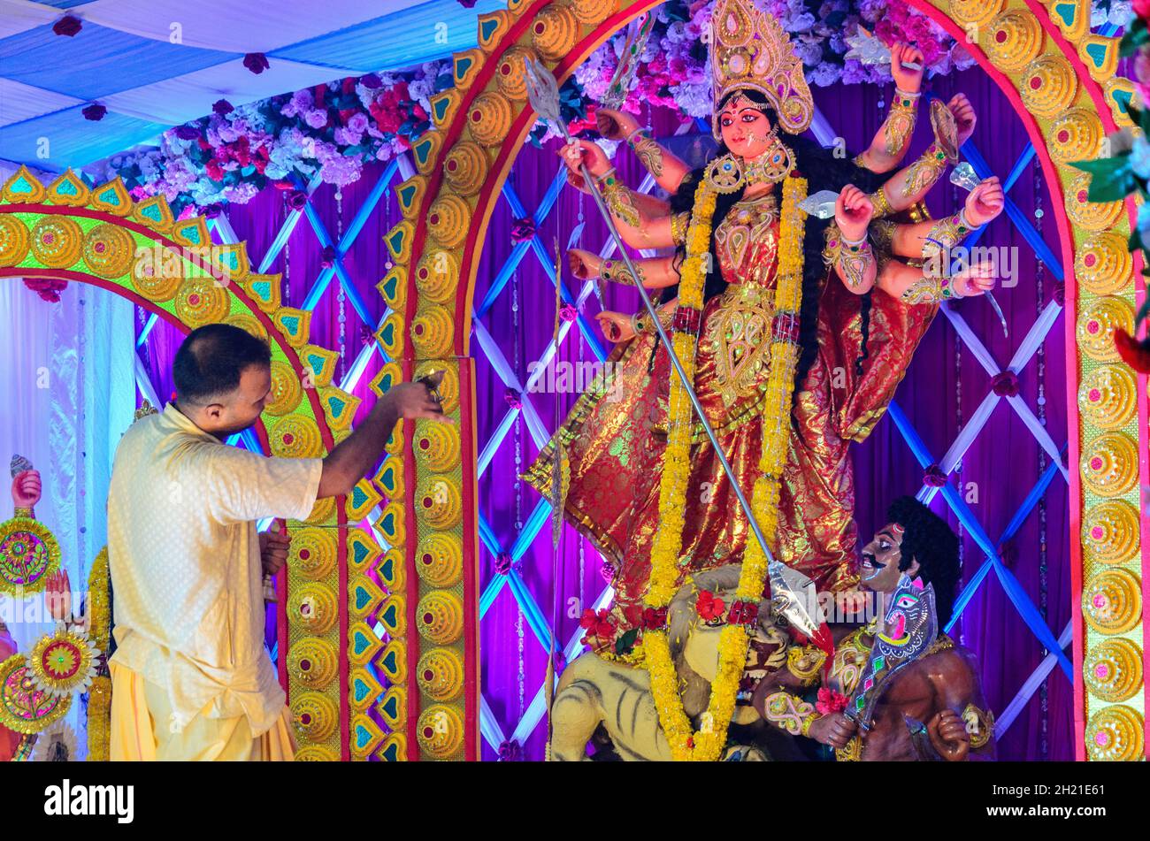Aarti being offered to Goddess Durga during Durga Puja celebrations by ...