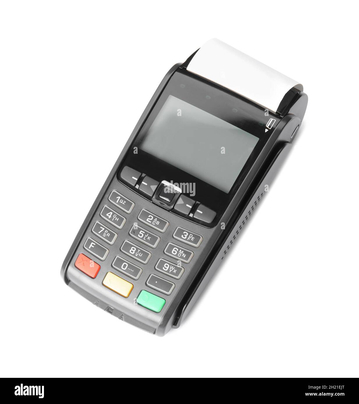 Modern payment terminal on white background, top view Stock Photo - Alamy
