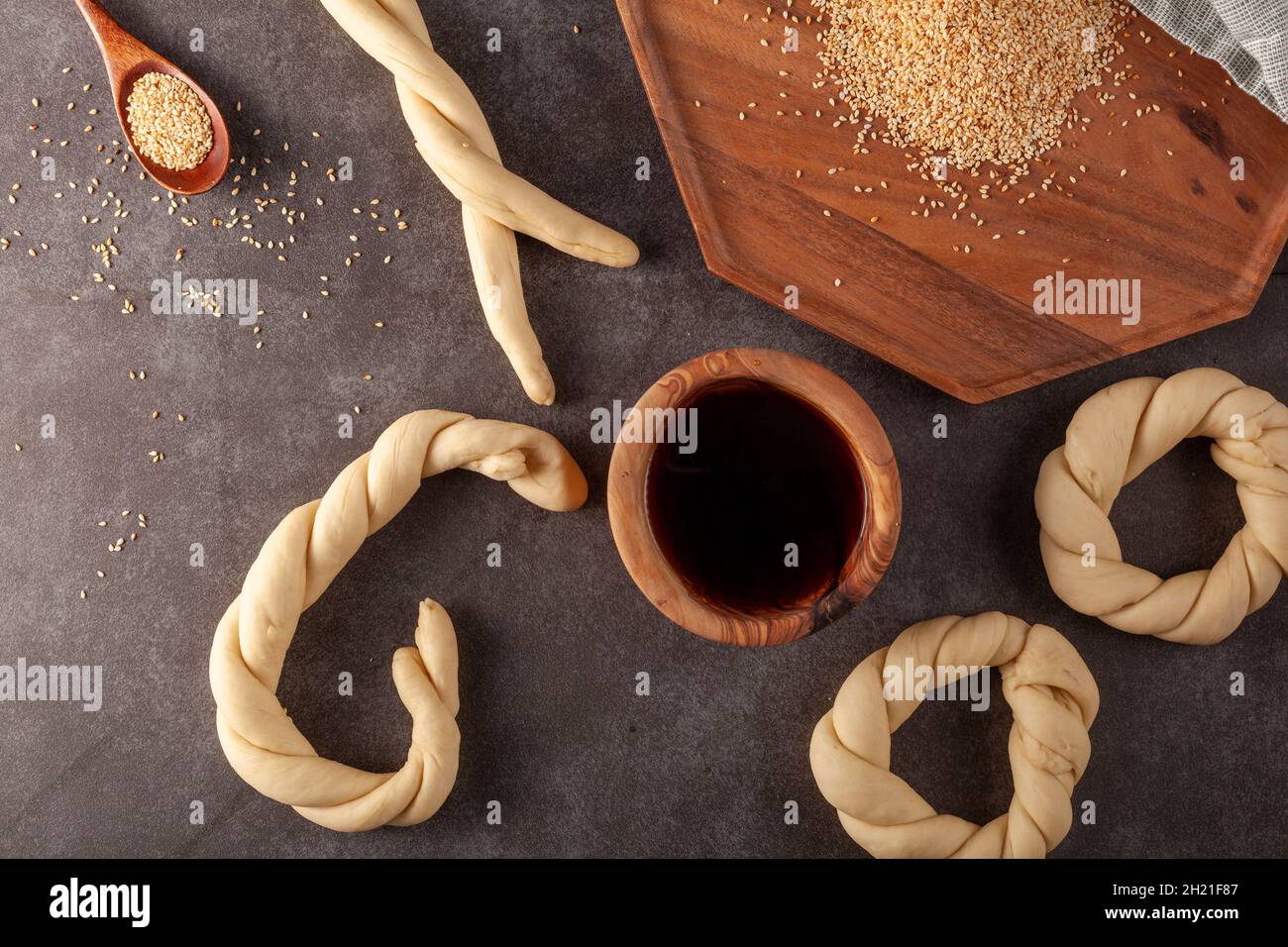 Top view image showing the making of delicious Turkish bagel with ...