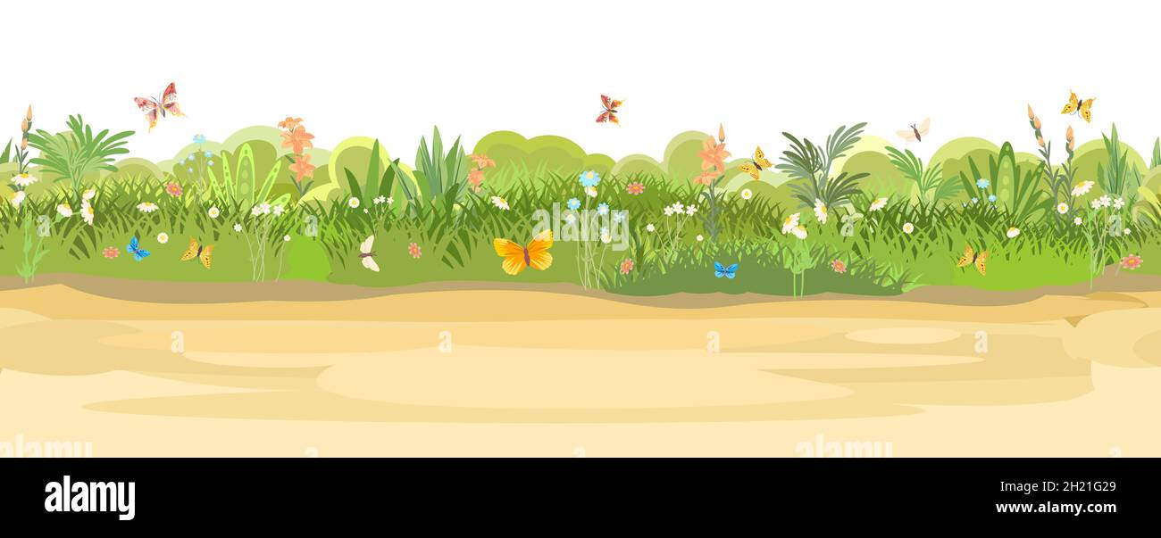 Rural road to Green Glade. Summer flower meadow. Trail. Juicy grass ...