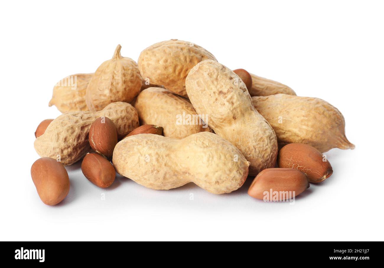 Raw peanuts on white background. Healthy snack Stock Photo - Alamy