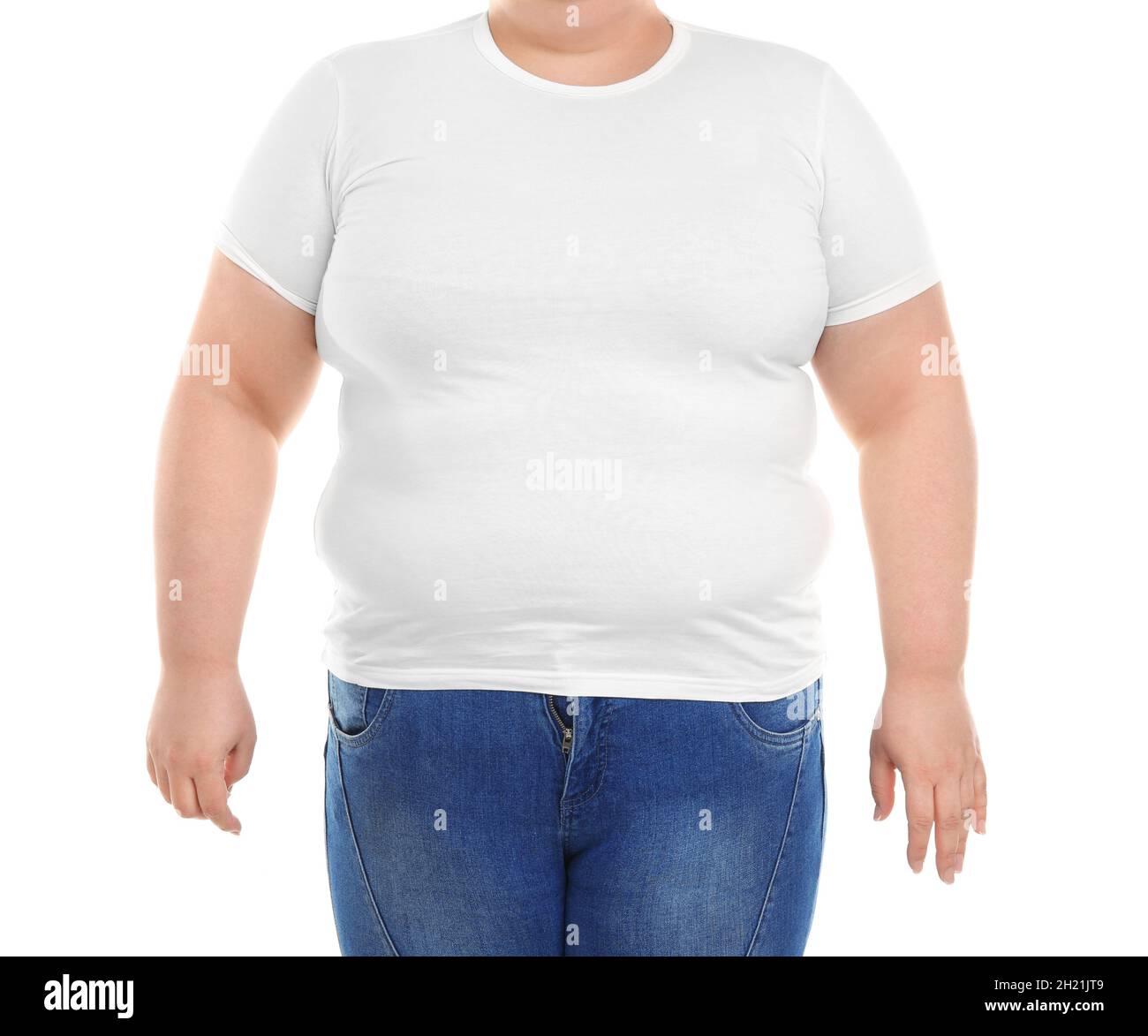 Overweight woman on white background Stock Photo - Alamy