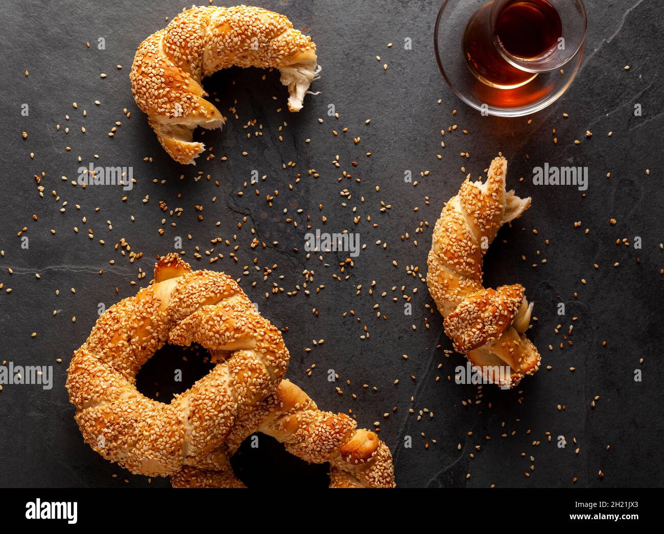 delicious Turkish bagel with sesame seeds known as susamli simit. Flat ...