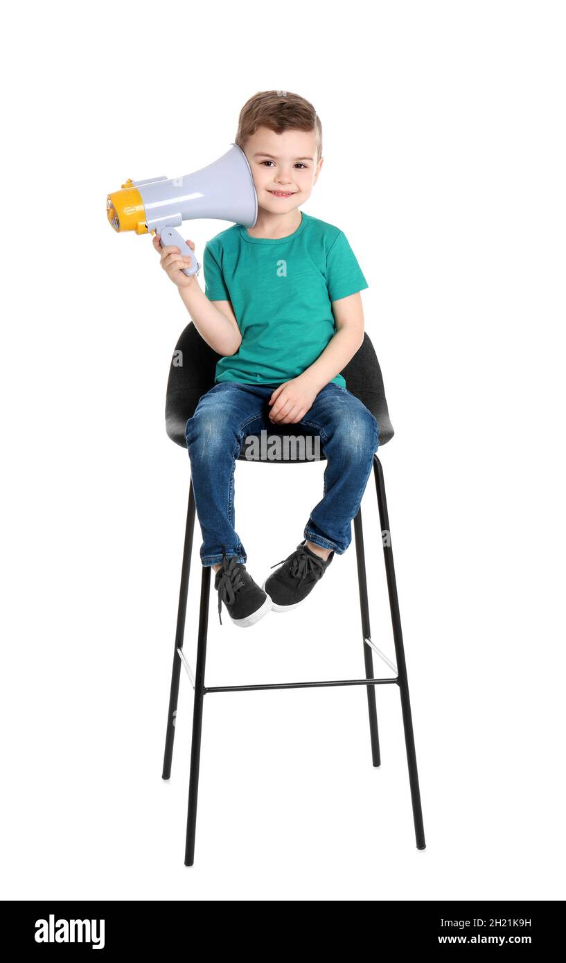 Adorable little boy with megaphone on white background Stock Photo - Alamy