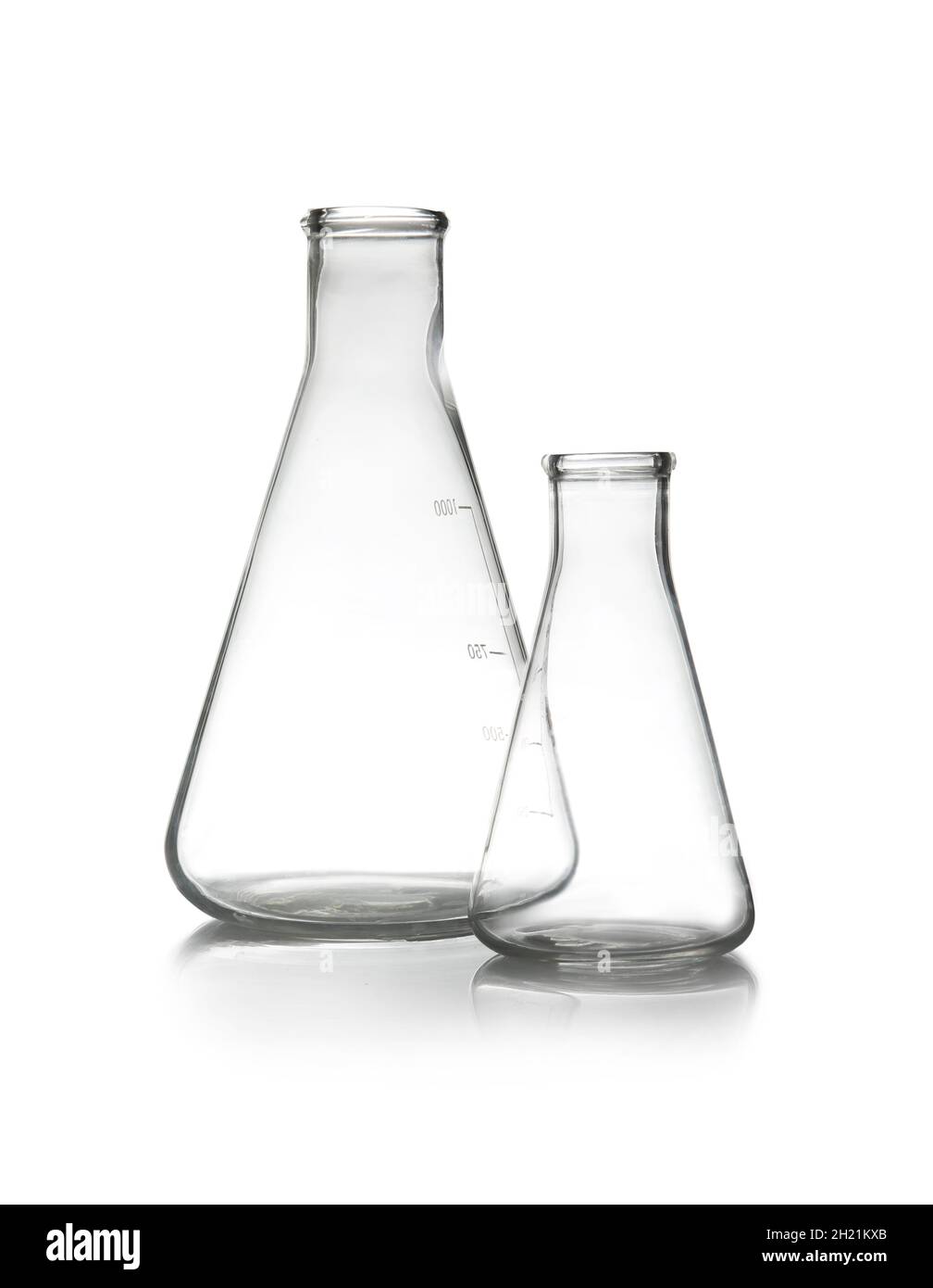 Empty conical flasks on table. Laboratory analysis Stock Photo - Alamy