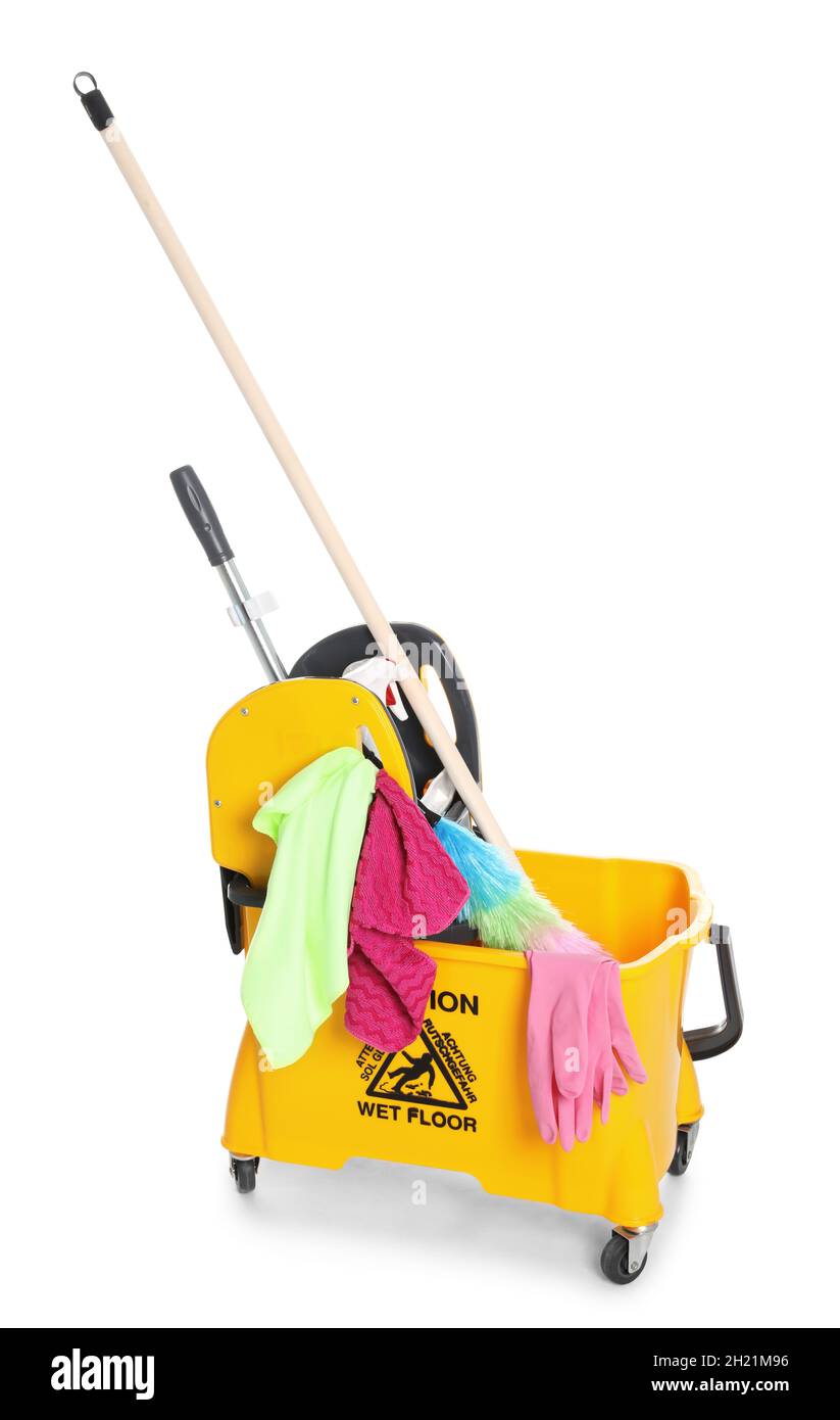 Mop bucket with cleaning supplies on white background Stock Photo - Alamy