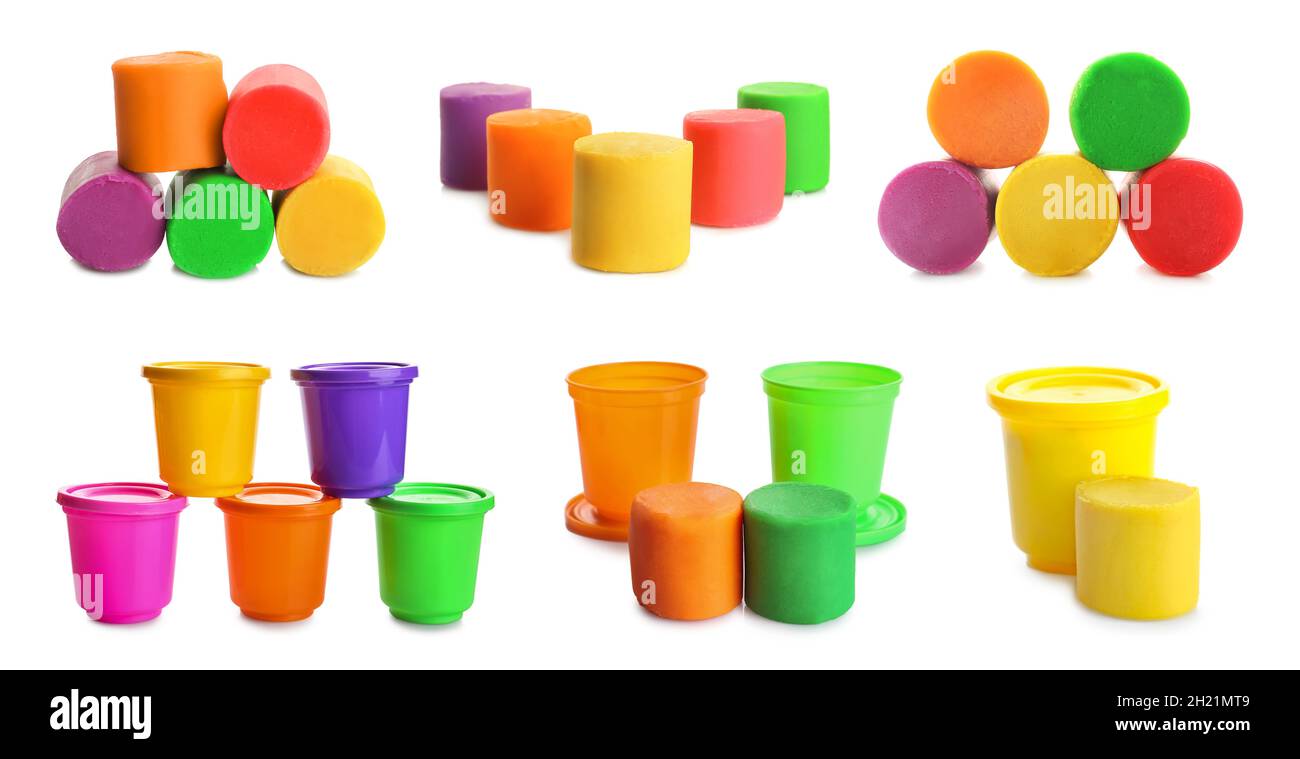 Set of colorful play dough on white background Stock Photo - Alamy