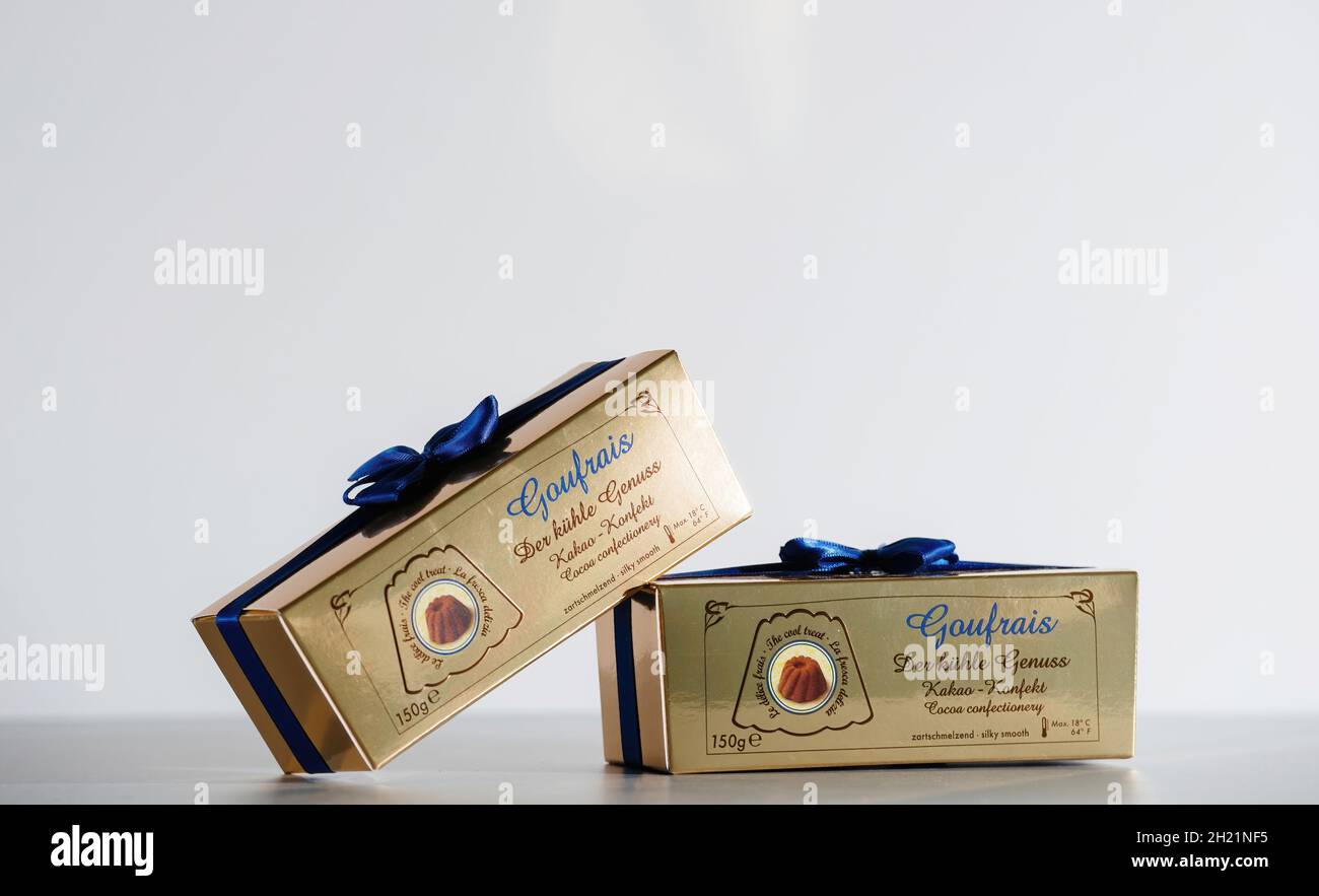 Isolated on white two packages of Goufrais German delicious chocolate ...