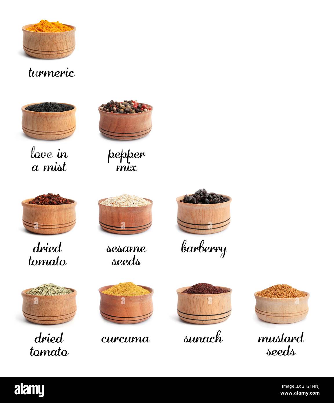 Wooden bowls with different spices on white background. Large ...