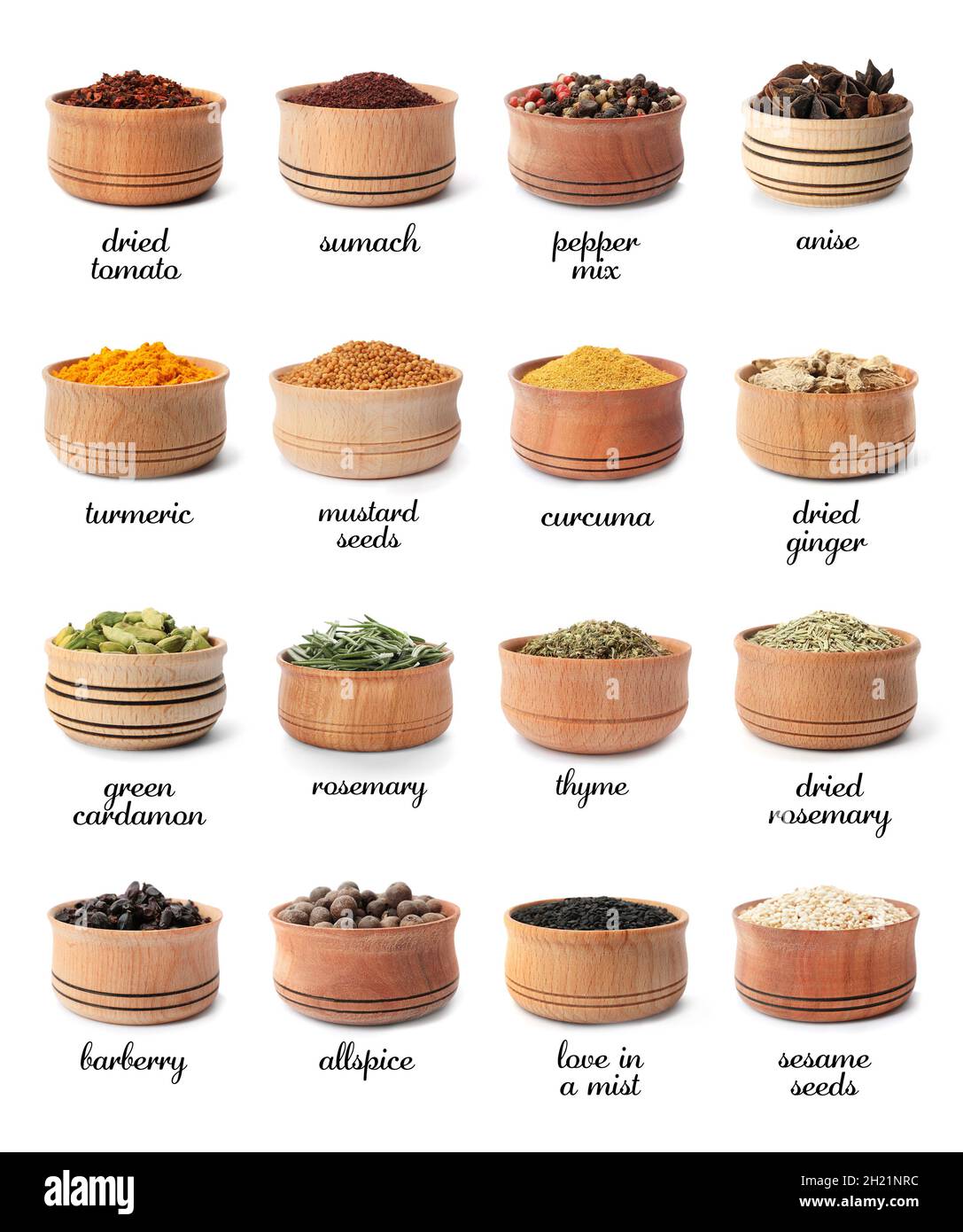 Wooden bowls with different spices and herbs on white background. Large ...