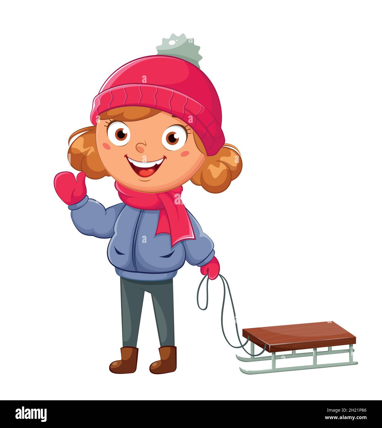 Kid with sled. Cute girl cartoon character sledding, winter sport ...