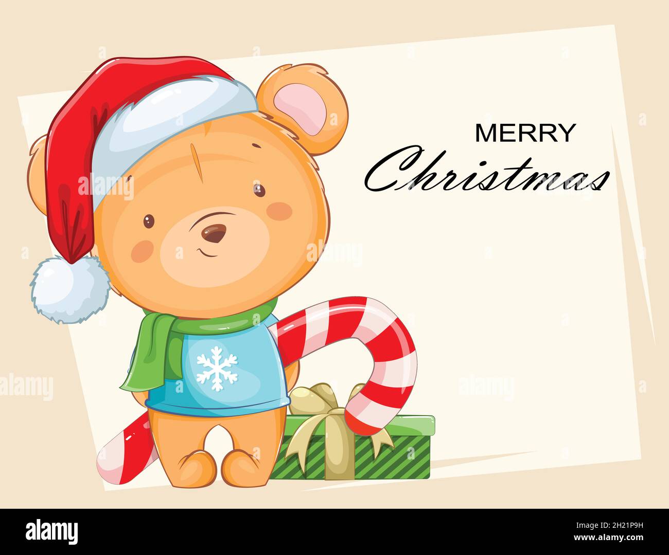 Merry Christmas greeting card. Funny little bear. Cute cartoon ...