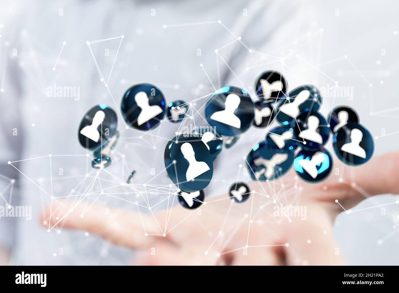 3D rendered profile icons hovering over the person's hand Stock Photo ...