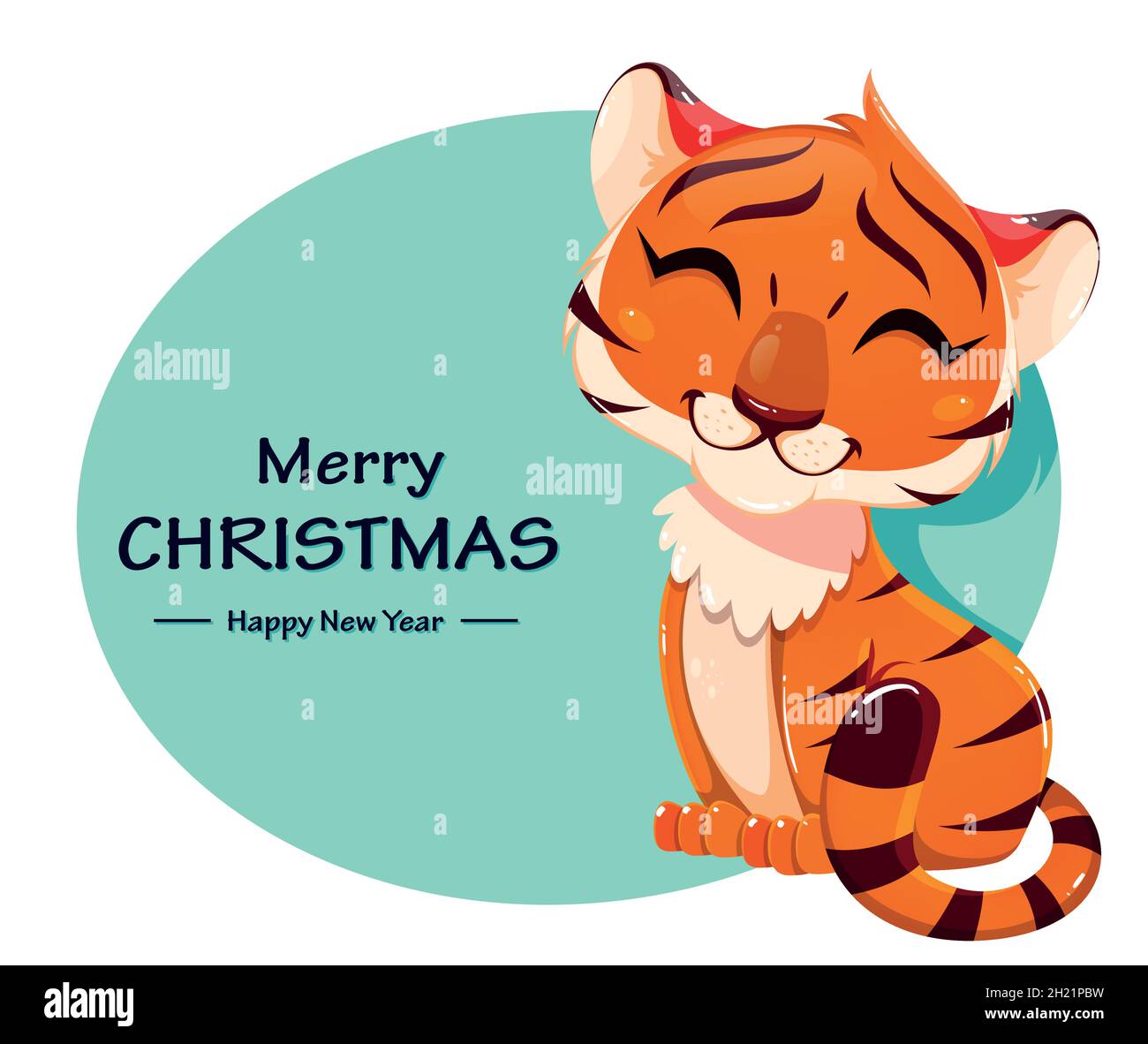 Merry Christmas and Happy New Year greeting card with tiger cub cartoon ...